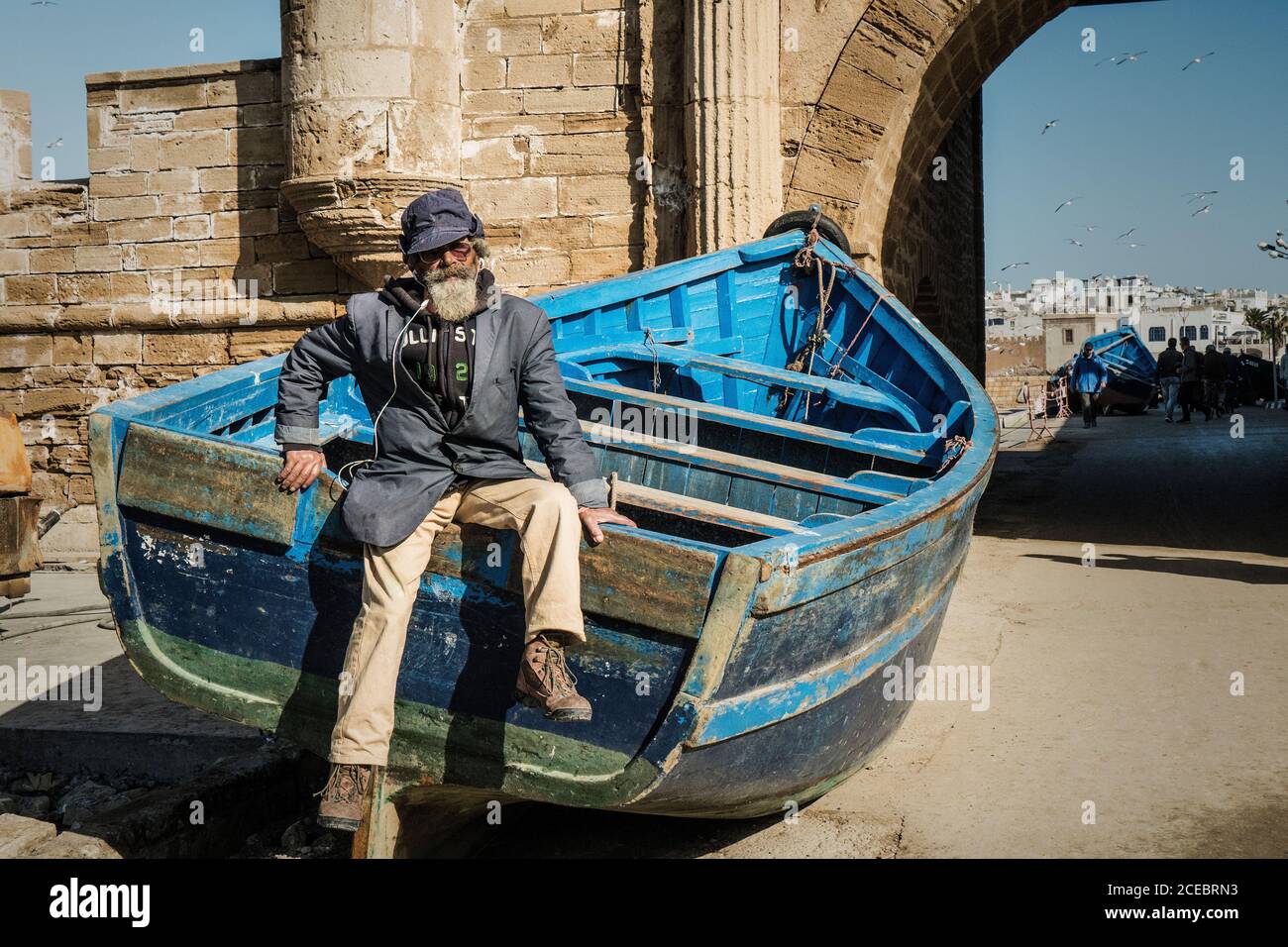 Essaouira, Morocco, 31 December 2017: Sailor with beard sitting on boat ...