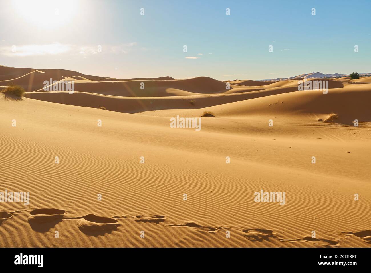 Desert with sand hills and blue heaven with sunshine in Marrakesh ...