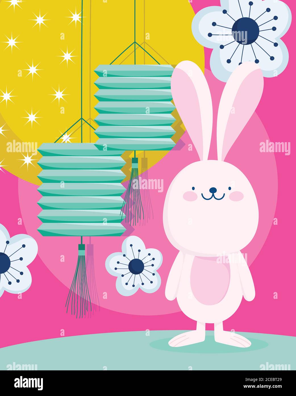 happy mid autumn festival, cute rabbit lanterns flowers and moon ...