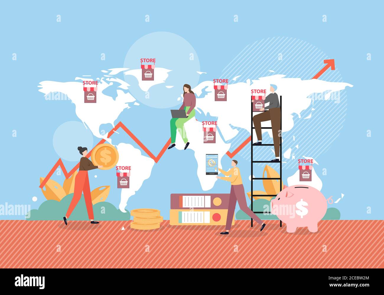 Franchise store signs on world map, people with money, mobile phone ...