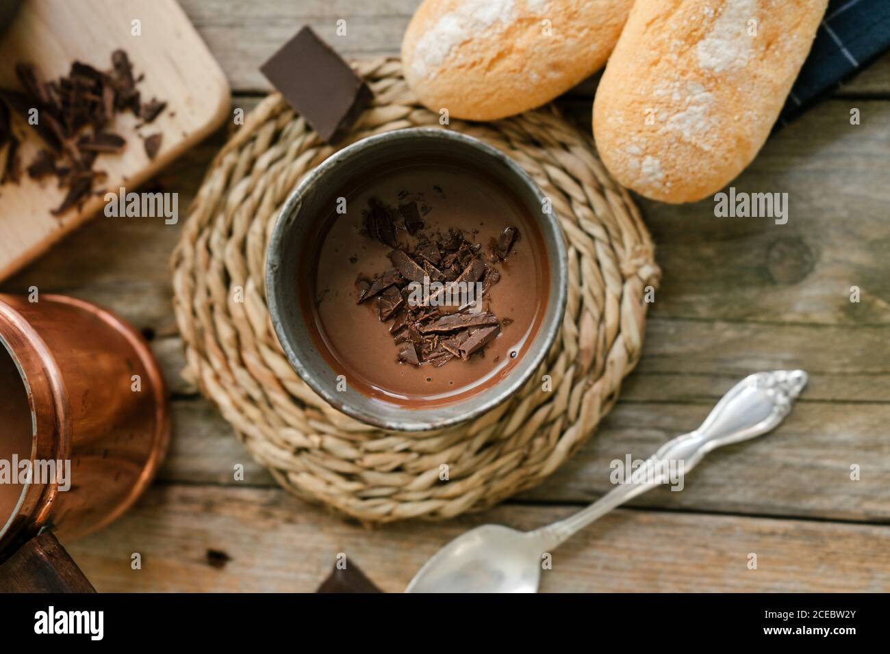 Top view of a hot chocolate cup with chocolate chunks topping Stock ...