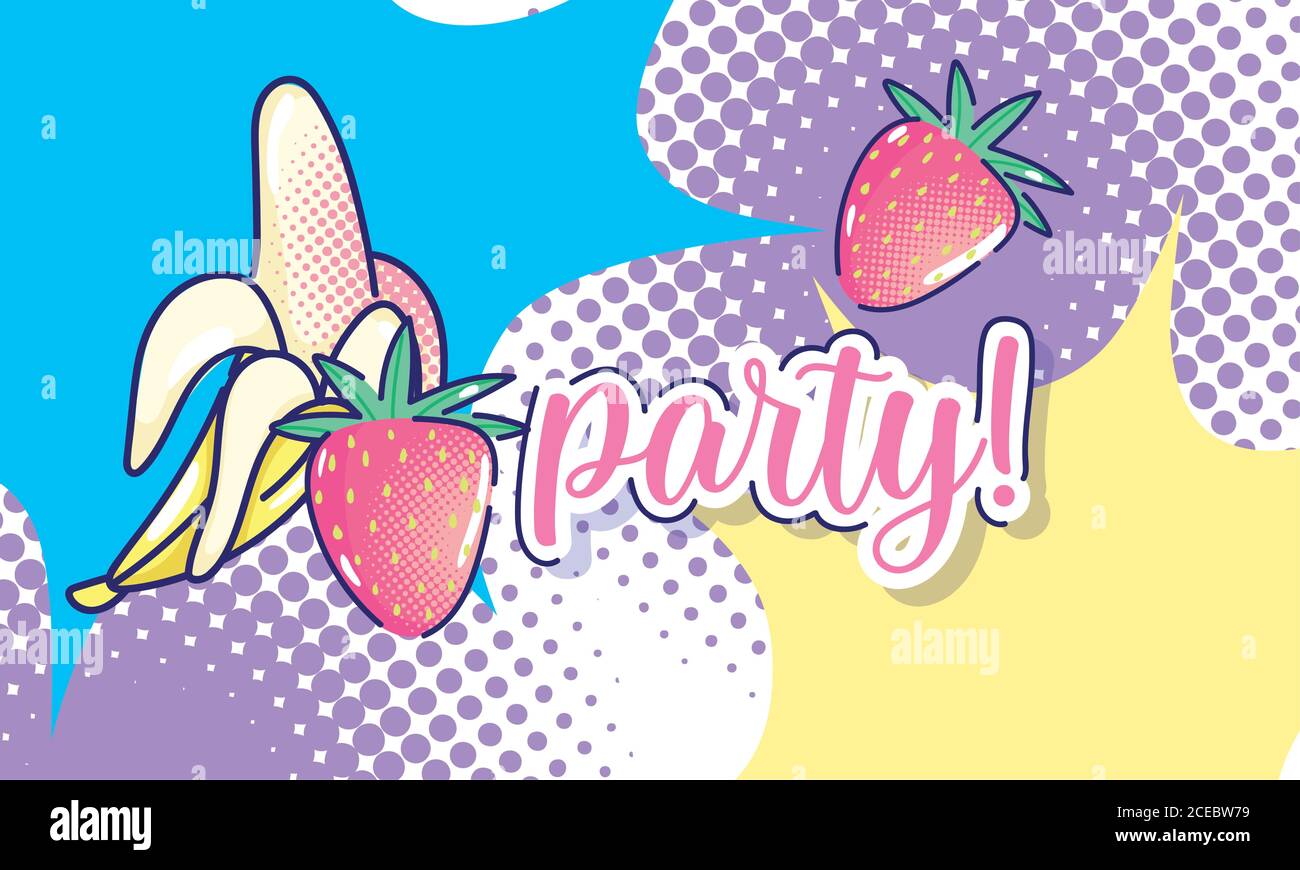pop art cartoon, fruit tropical banana and strawberries, comic halftone ...
