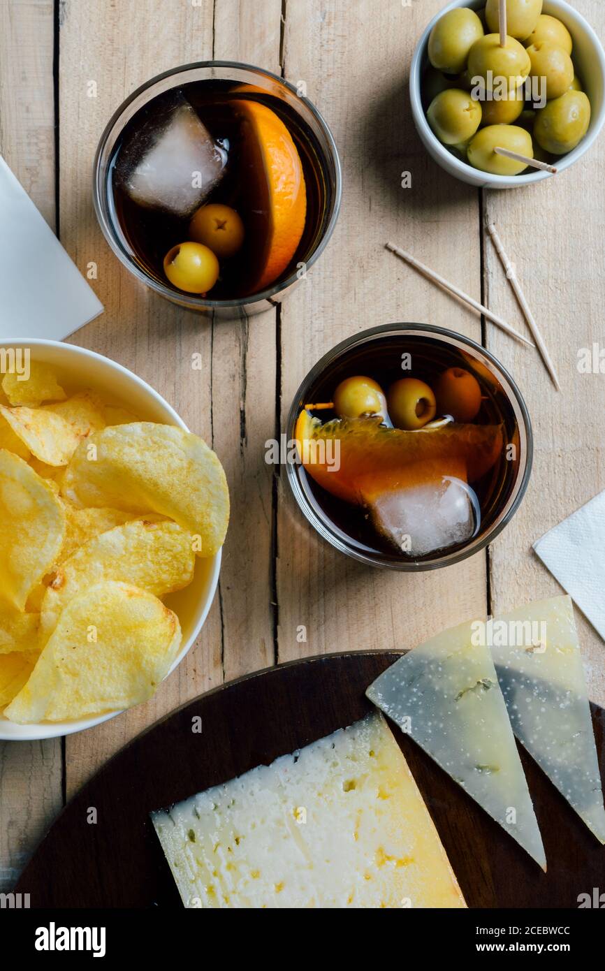 Top view of drinks and snacks Stock Photo - Alamy