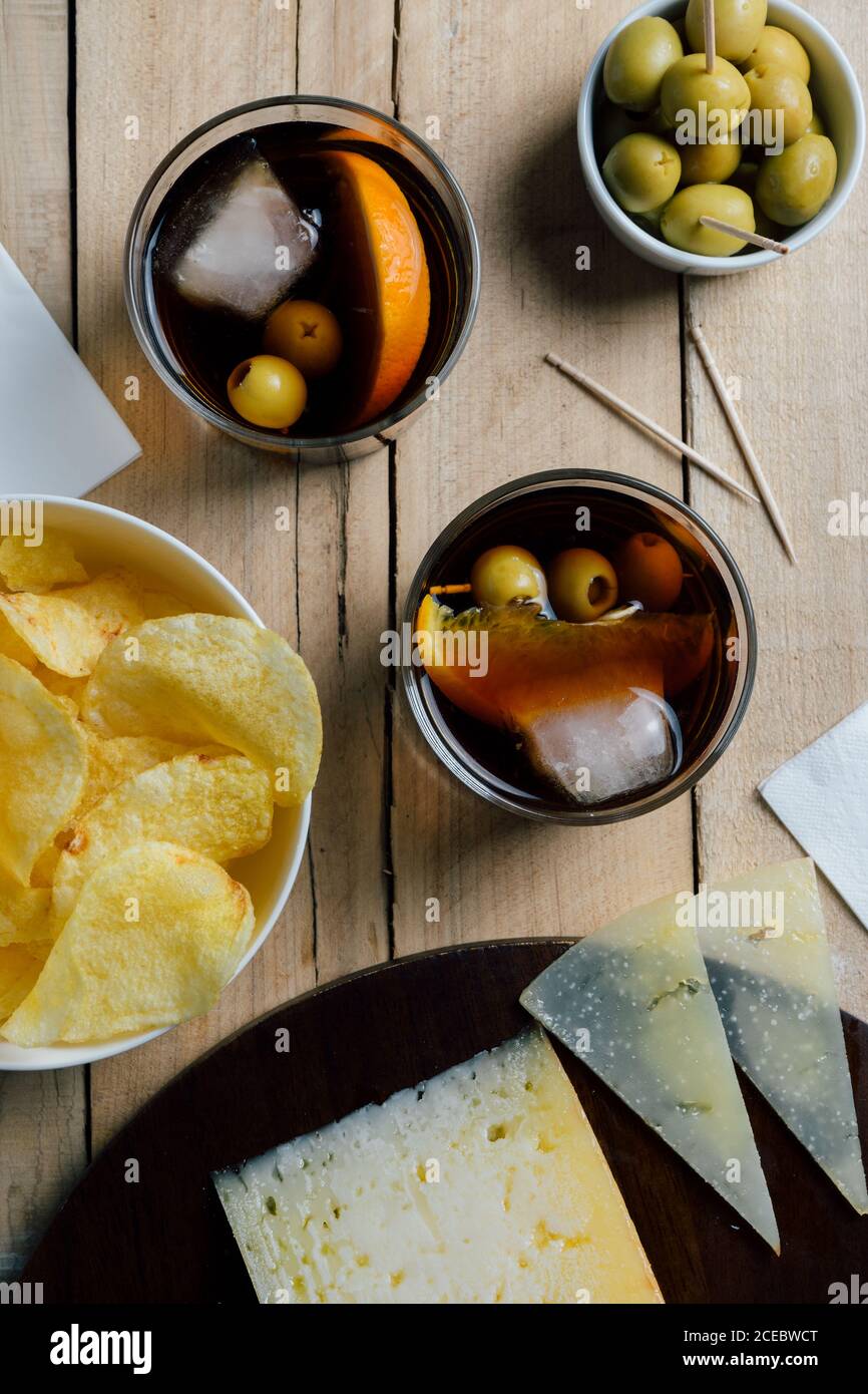 Top view of drinks and snacks Stock Photo - Alamy