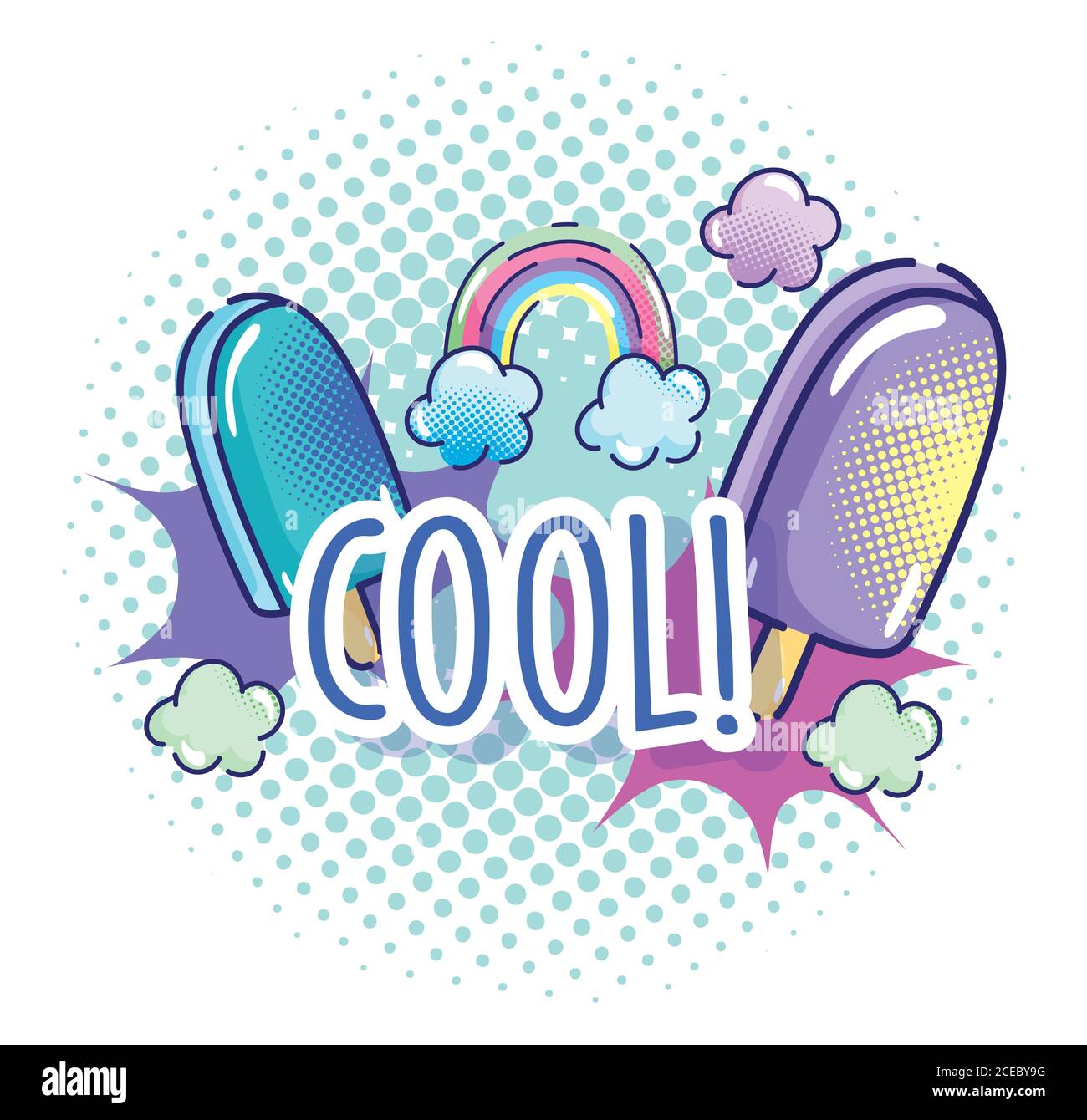 pop art cartoon, ice cream in sticks rainbow fashion, comic halftone ...