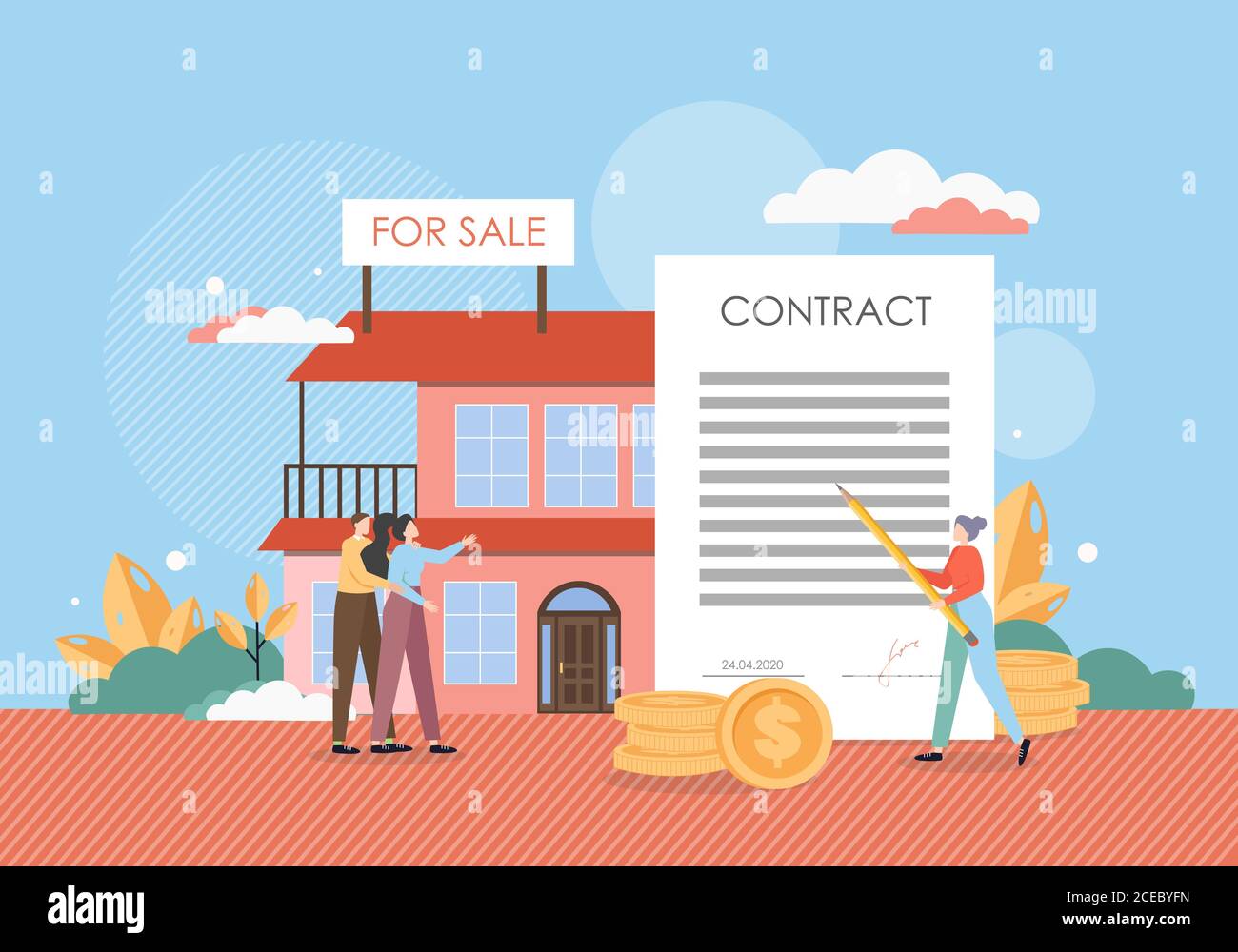 Happy family couple buying new home, signing contract with real estate ...