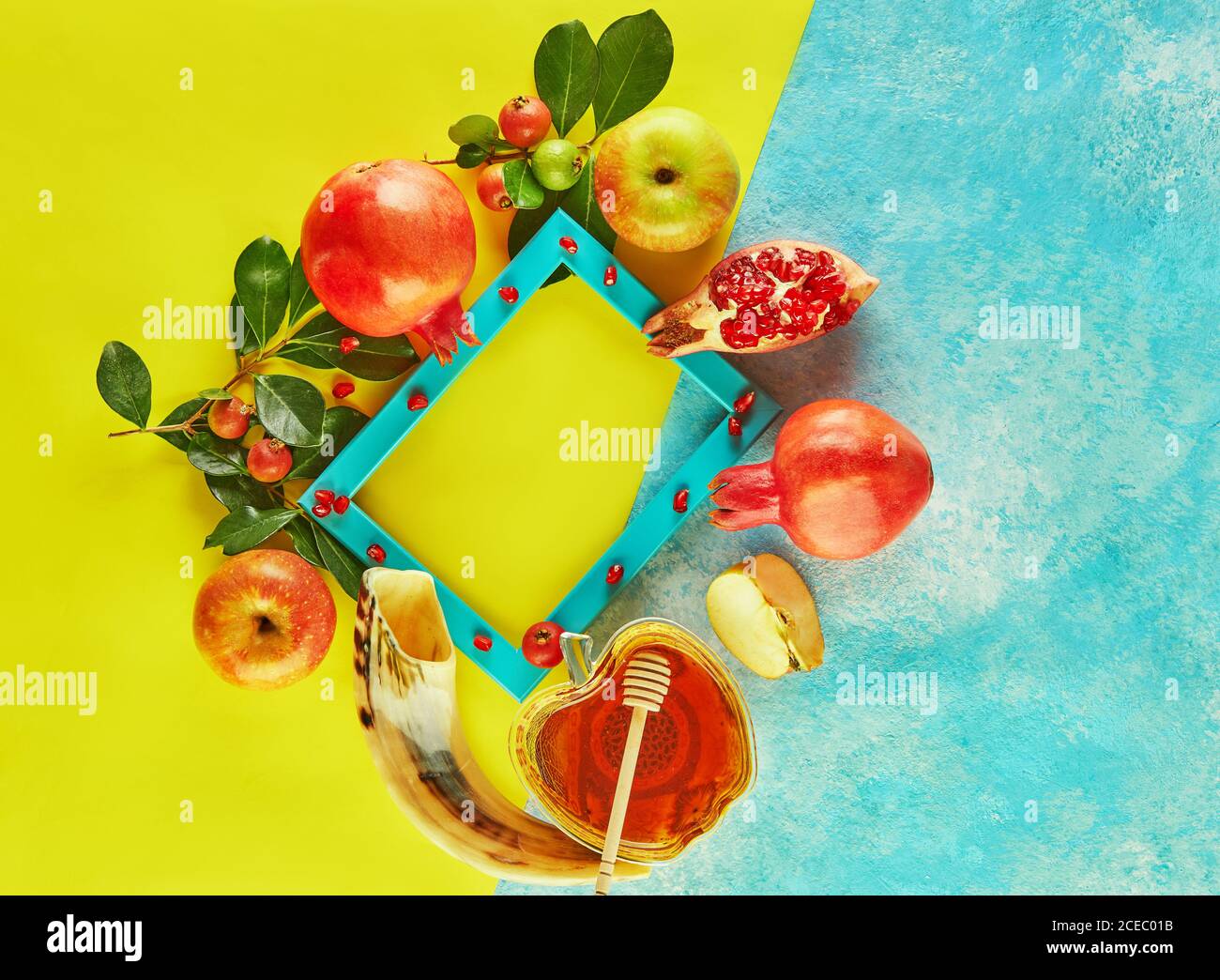 Rosh Hashanah - Jewish New Year holiday concept. Around the frame: A ...