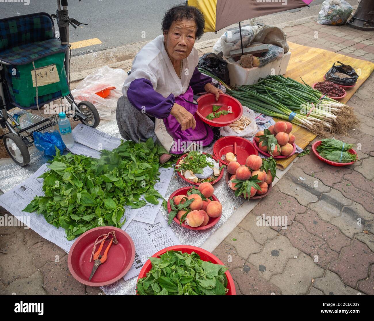 Gyeongju, South Korea - August, 05 2017: From above senior Asian female ...