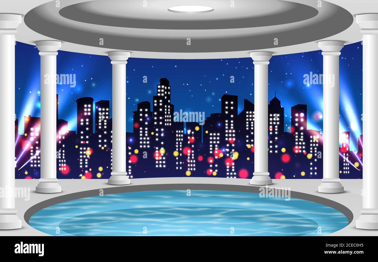 swimming pool on the high building in the city in the night Stock ...