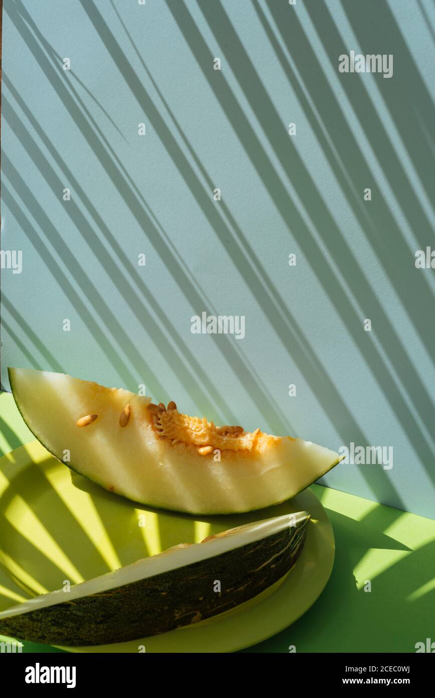 Half Melon toad skin cut into slice. Colorful summer theme. in blue and ...