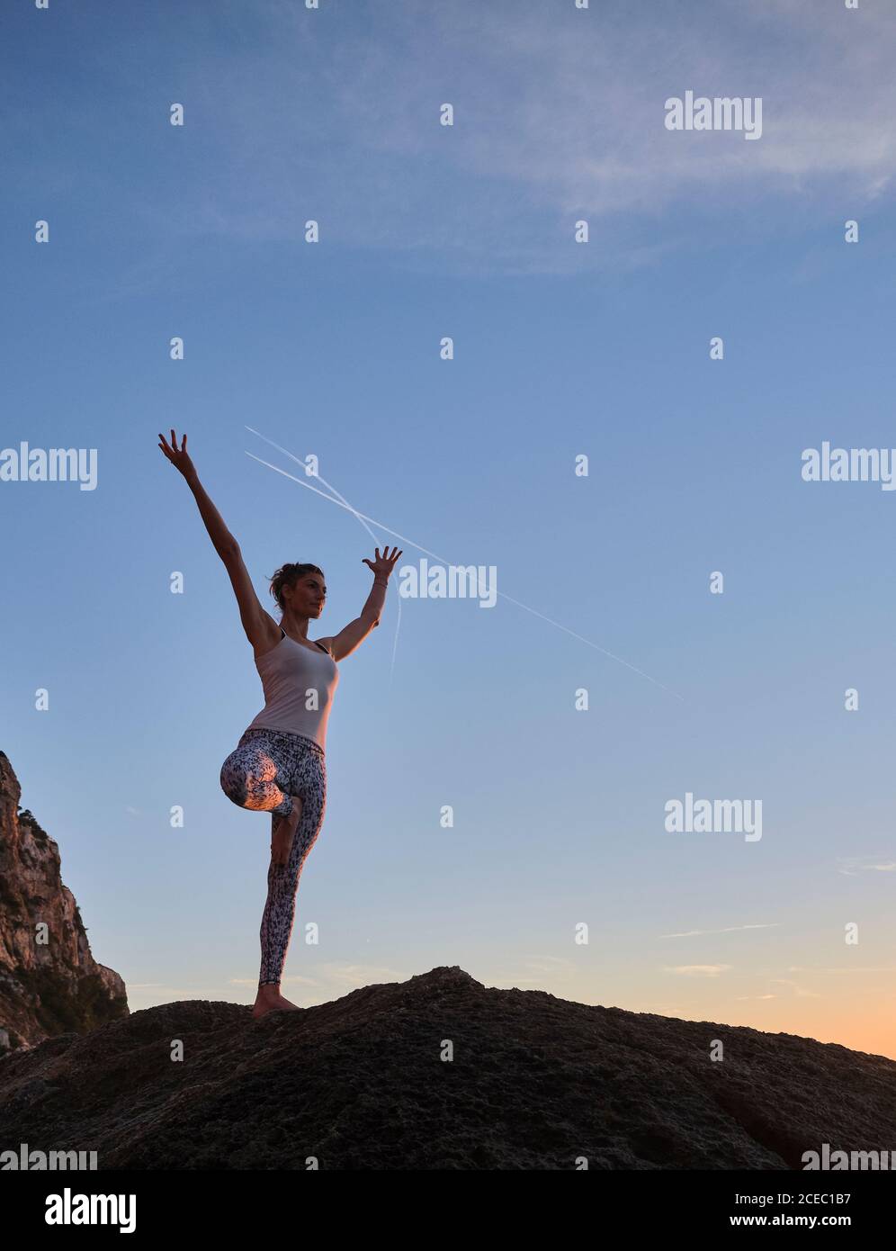 anonymous lady standing in Tree Pose near sea Stock Photo - Alamy