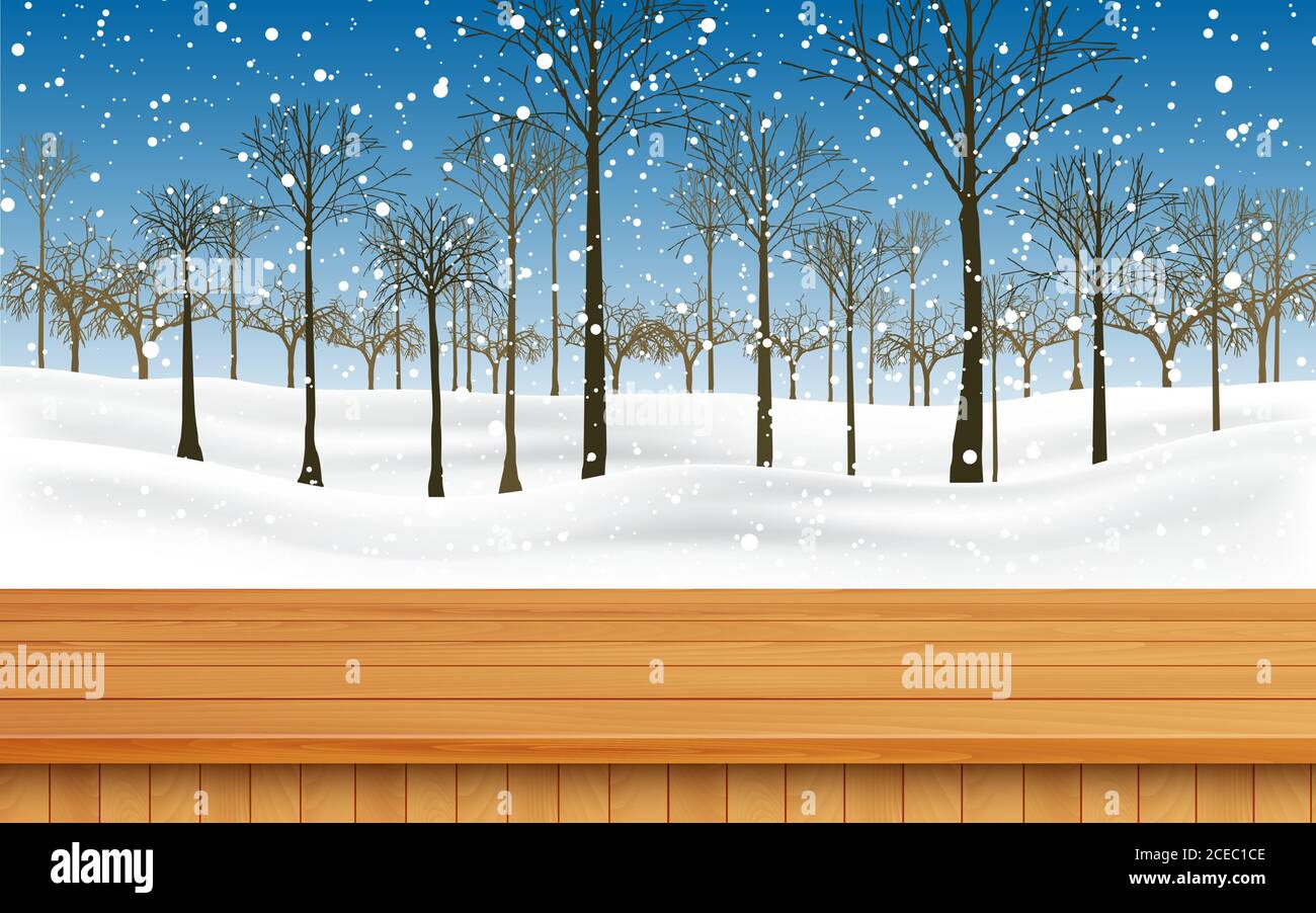 wooden table with snow forest background Stock Vector Image & Art - Alamy