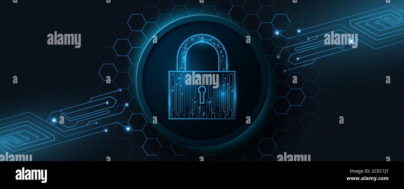 A futuristic lock made from a computer circuit board. Protected data ...
