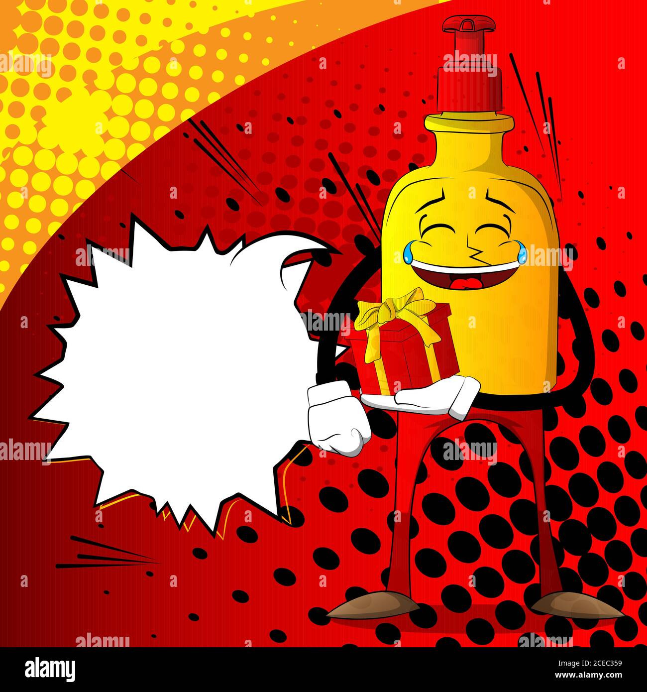 Cartoon bottle of hand sanitizer gel for hygiene with face holding ...