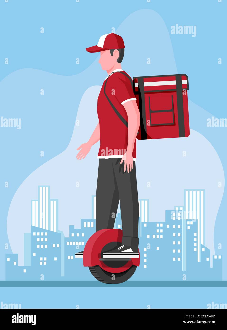 Delivery man riding monowheel with the box. Concept of fast delivery in ...