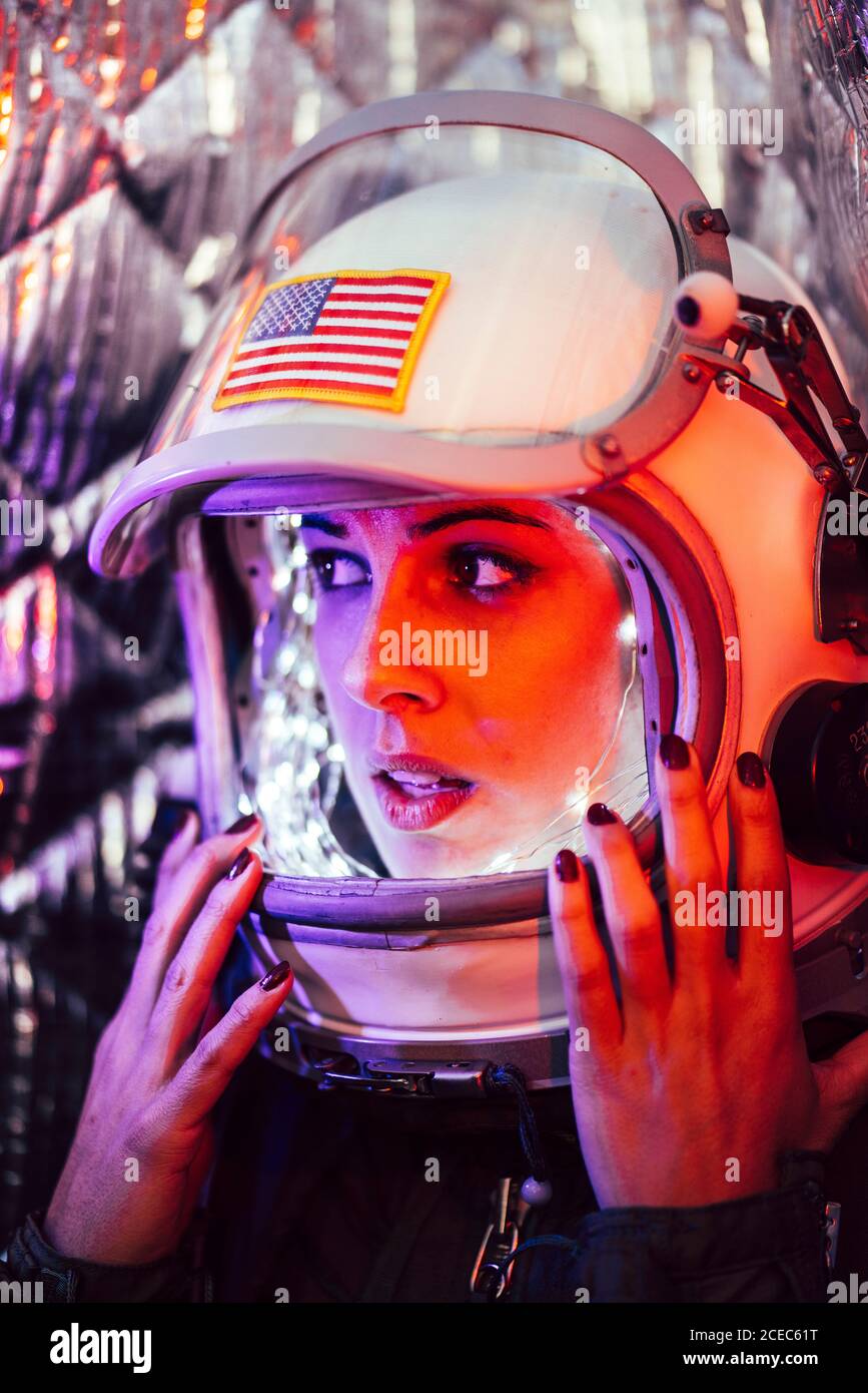 Girl wearing old space helmet Stock Photo - Alamy