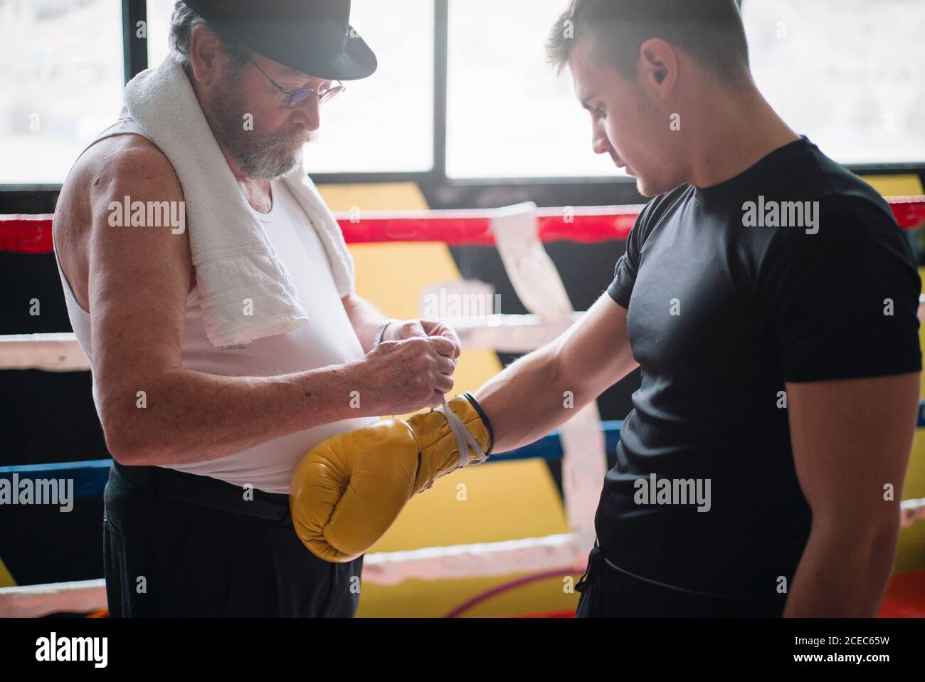 Side view of adult man with cigar training boxer in the gym Stock Photo ...