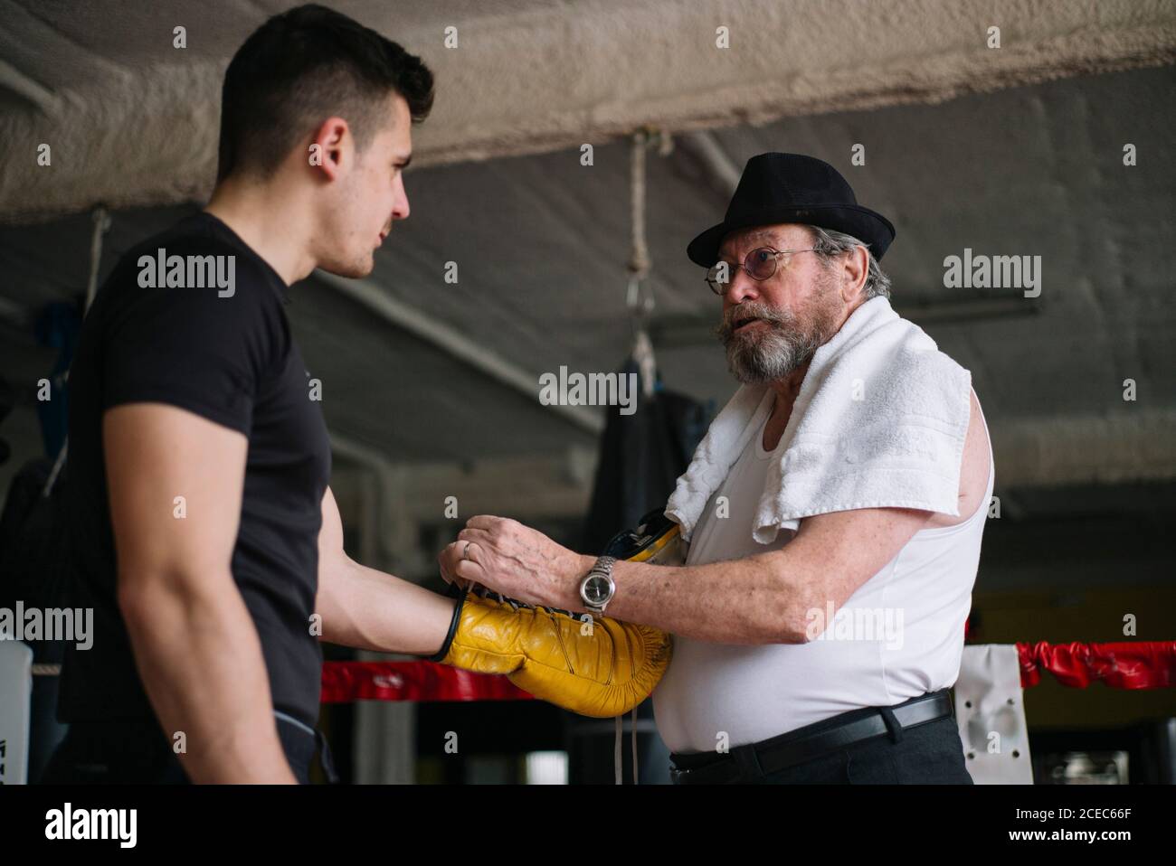 Side view of adult trainer interacting and helping to sportsman in the ...