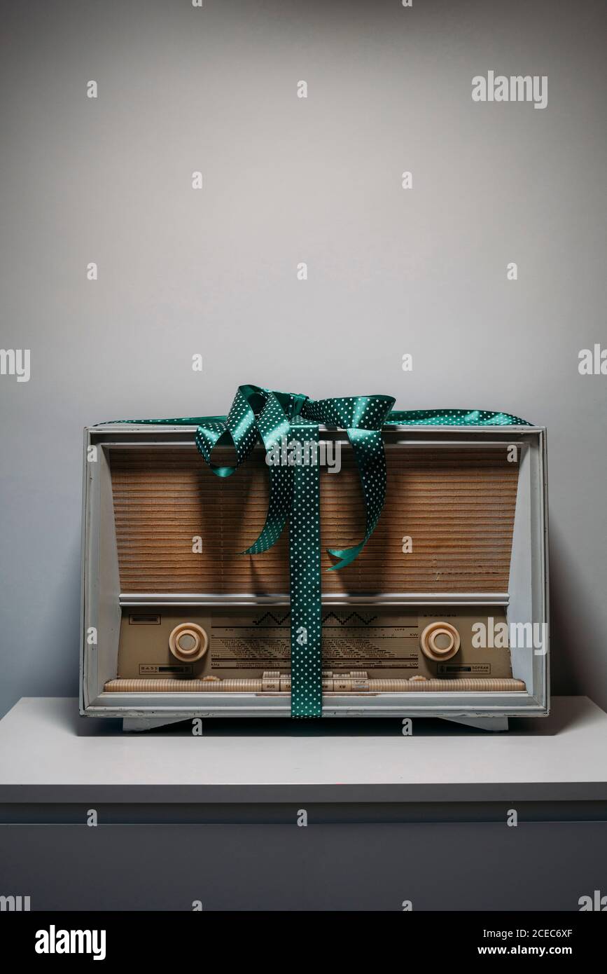 vintage radio receiver with ribbon for present Stock Photo - Alamy