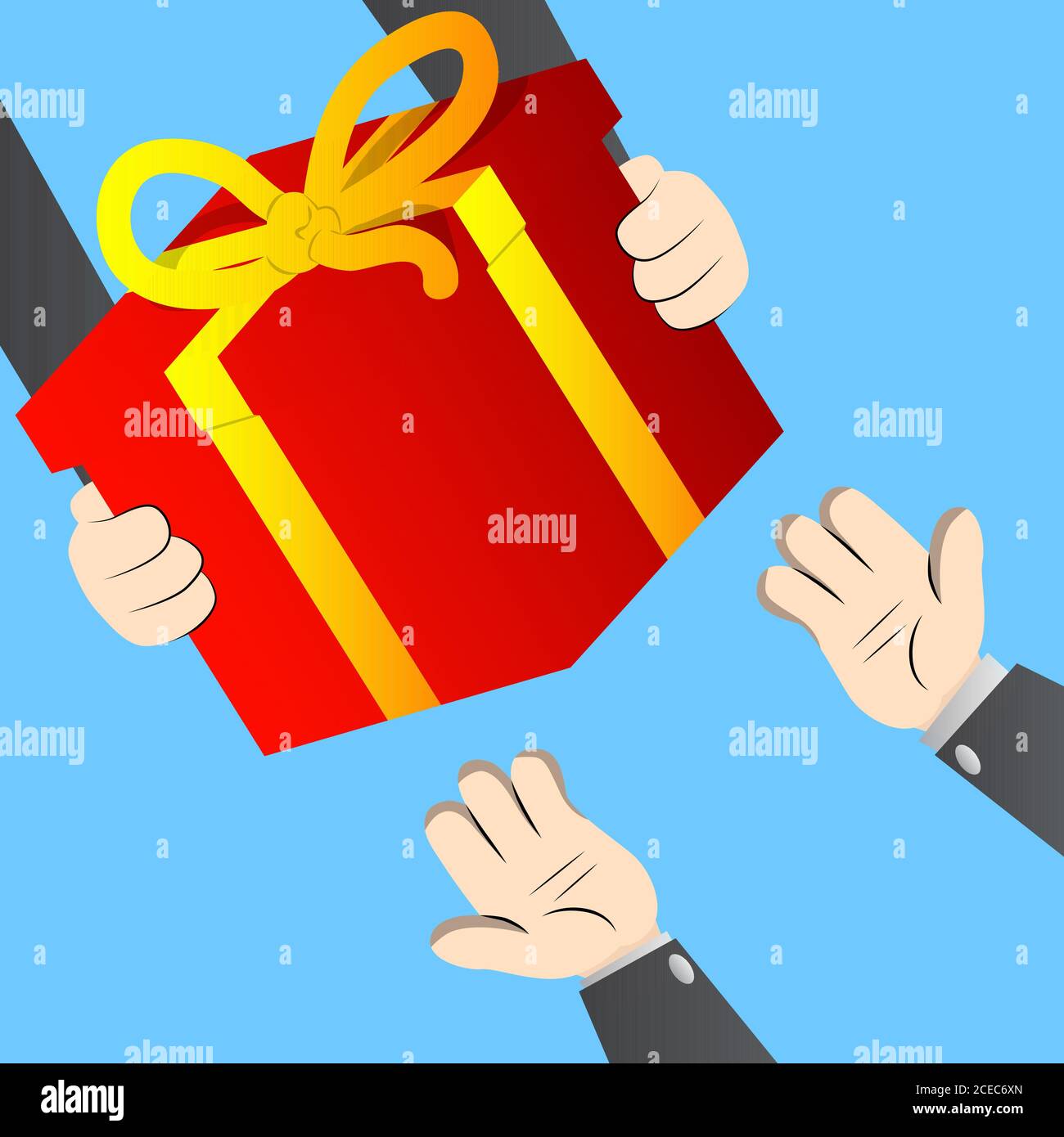 Gifting cartoon illustration. Giving gift box to another pair of hands ...