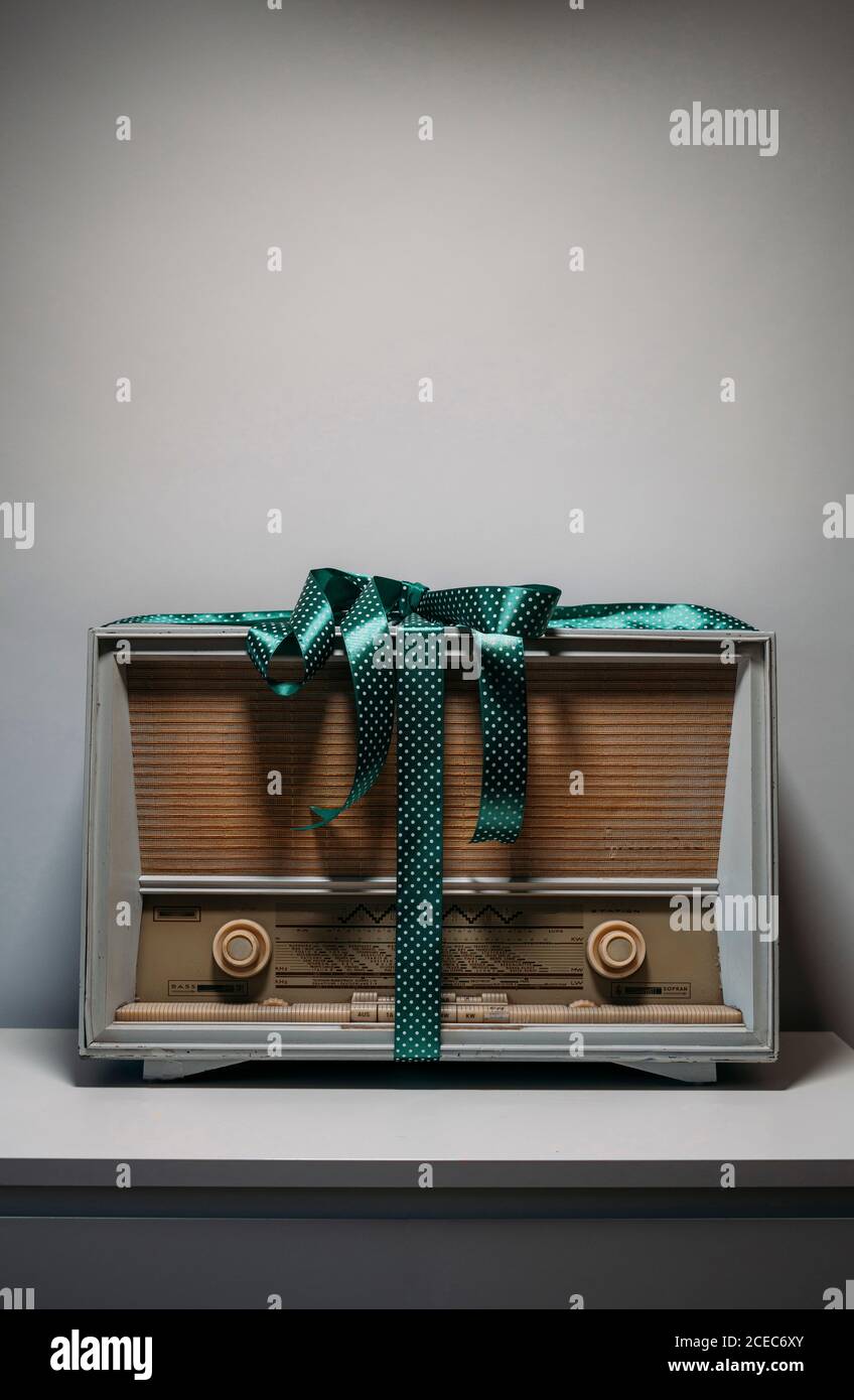 vintage radio receiver with ribbon for present Stock Photo - Alamy