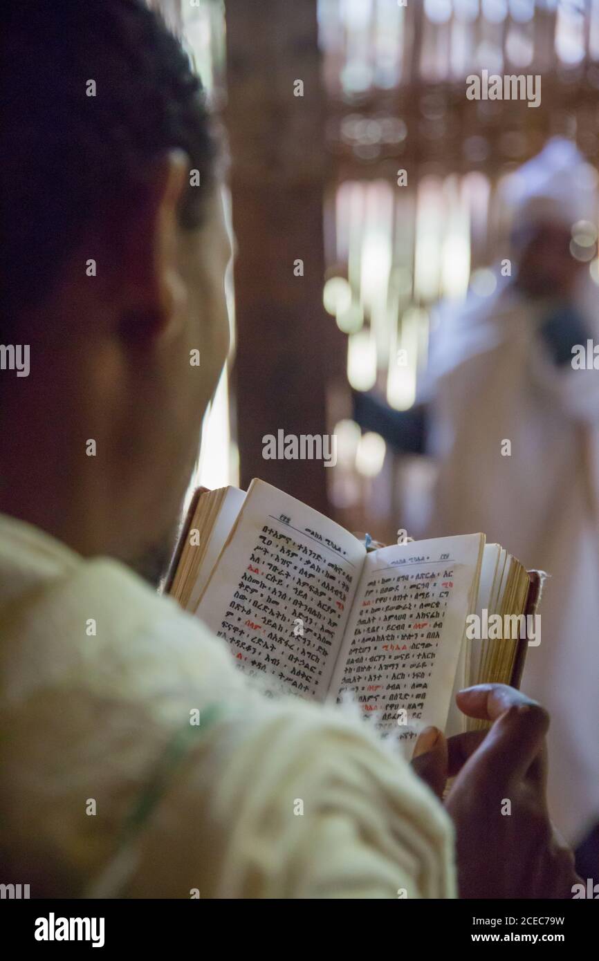 Crop back view of anonymous parishioner reading prayer book on blurred ...