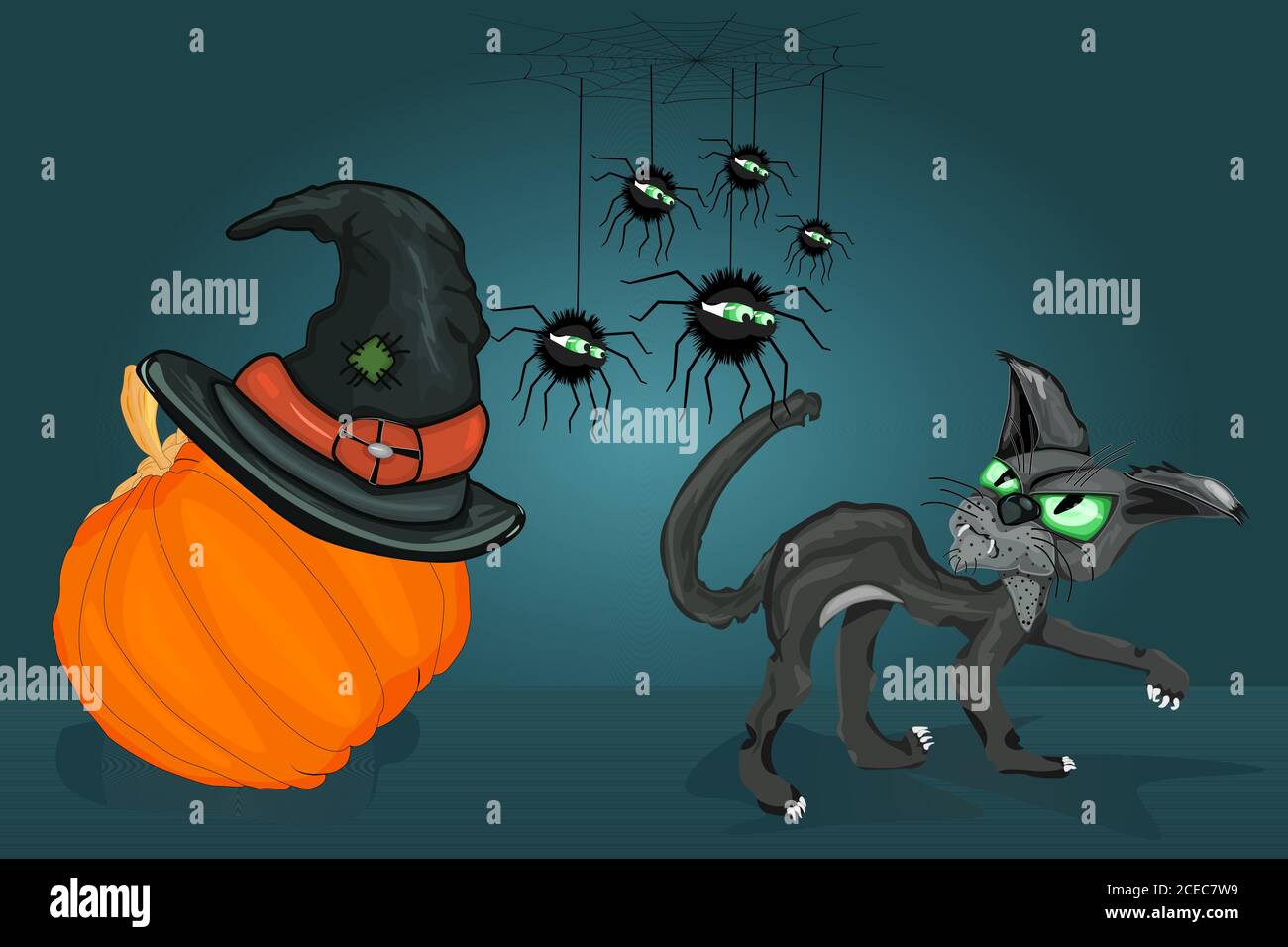 Cat, spiders, pumpkin with witch hat. Angry black cat and spiders look ...