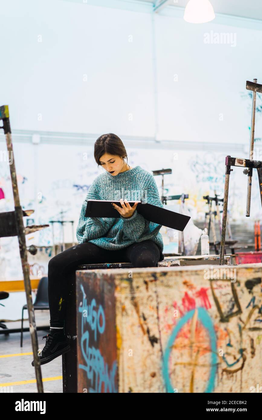 Woman creating drawing in studio Stock Photo - Alamy