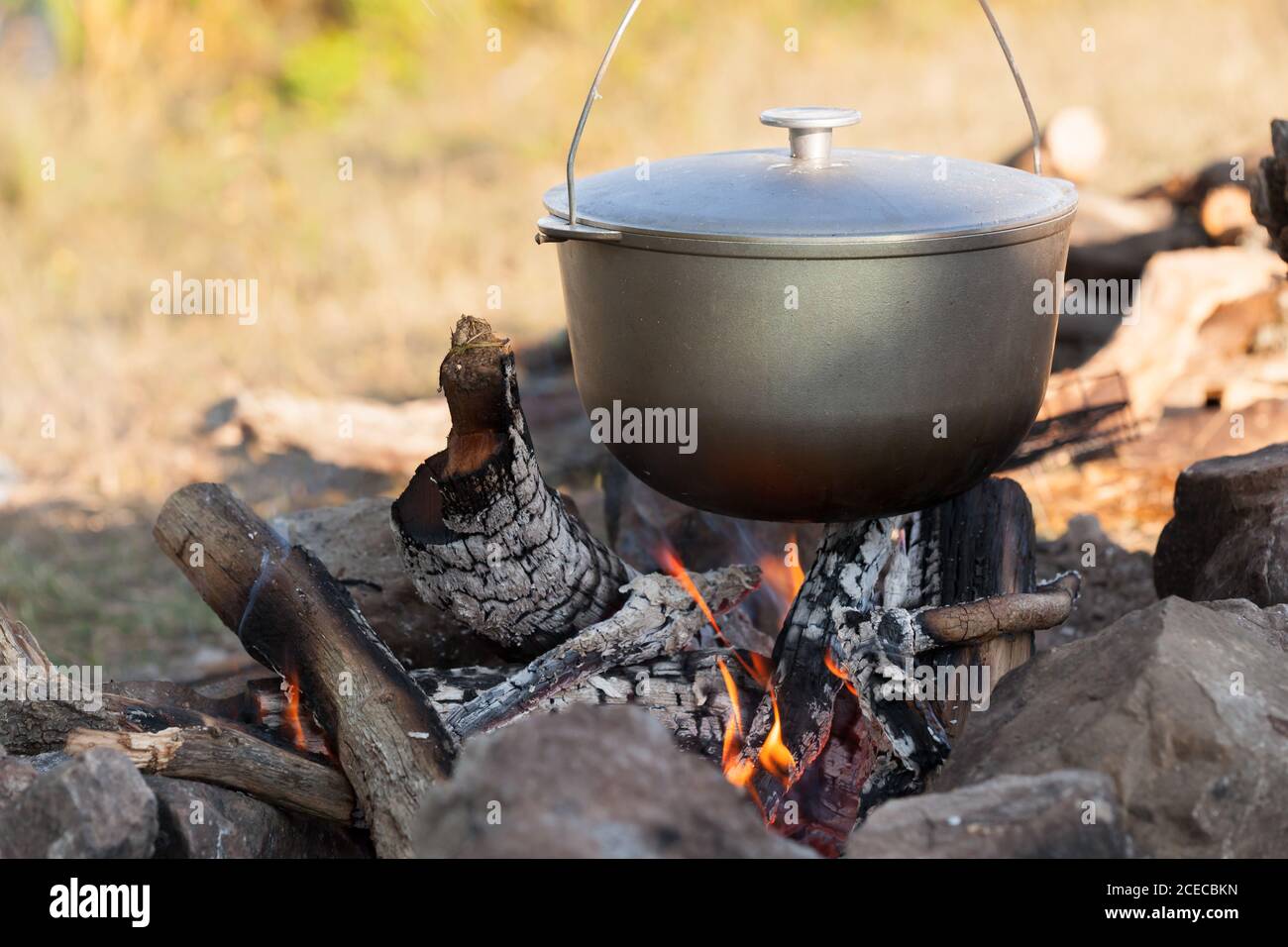 Metal cauldron boiling on a bonfire. Cooking on open fire, camping meal ...