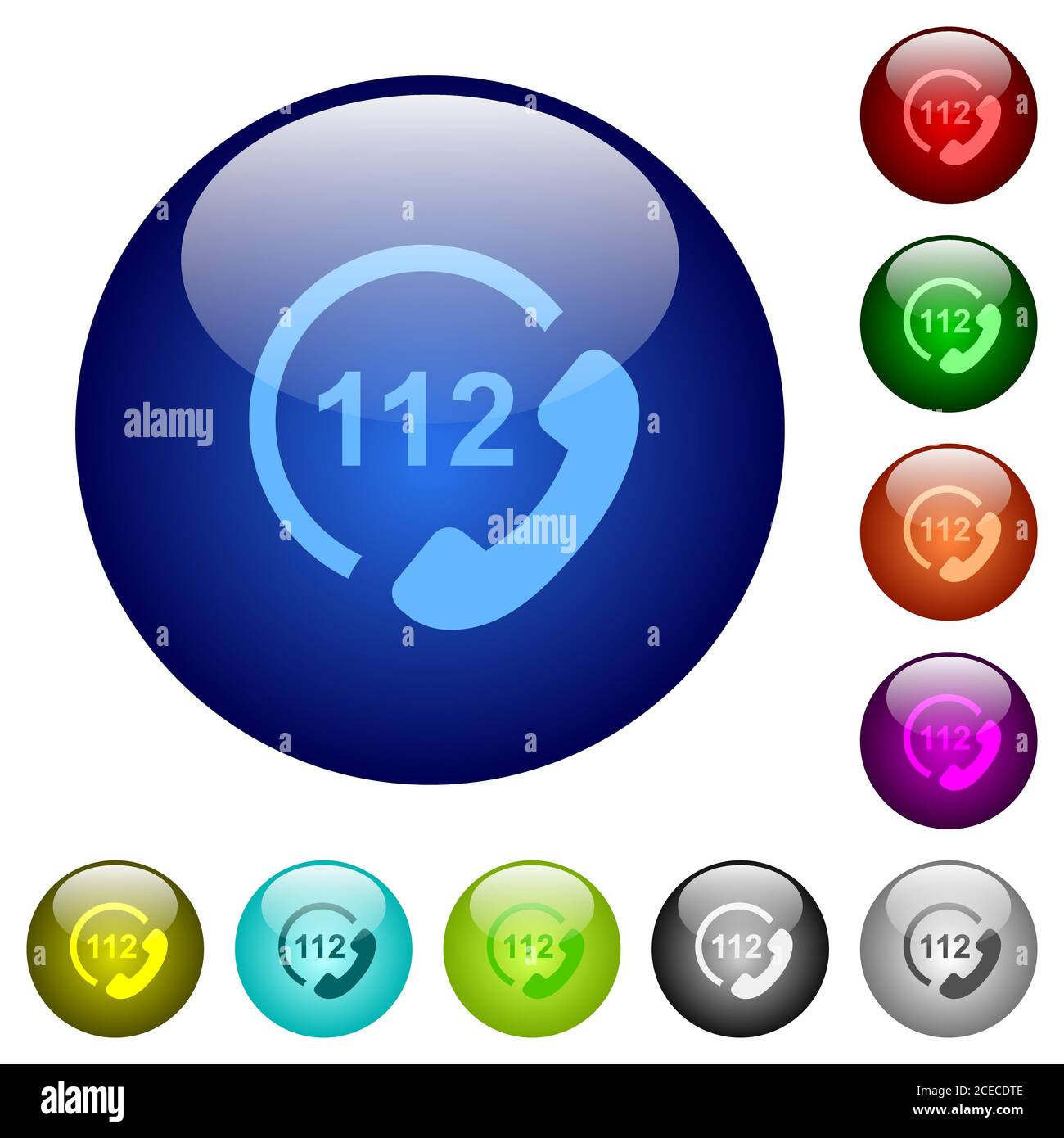 Emergency call 112 icons on round glass buttons in multiple colors ...