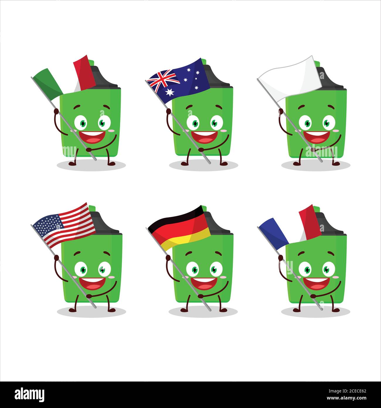 New green highlighter cartoon character bring the flags of various ...