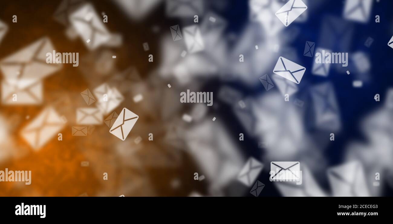 Flying envelopes over orange and dark blue background Stock Photo - Alamy