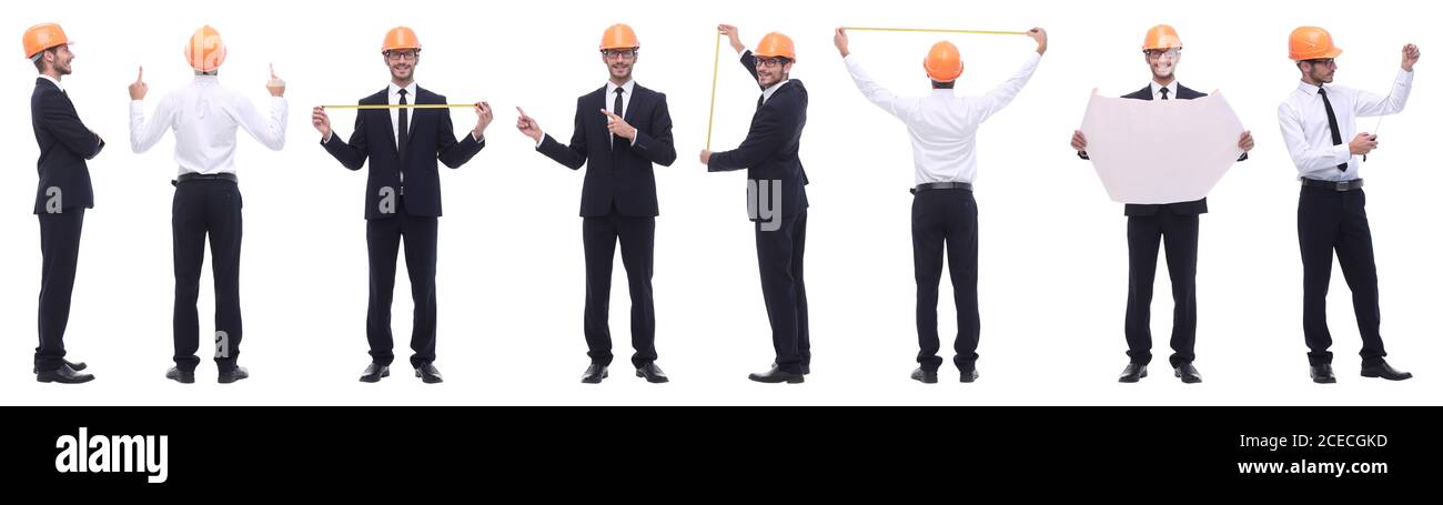 panoramic photo collage of qualified architect isolated on white Stock ...