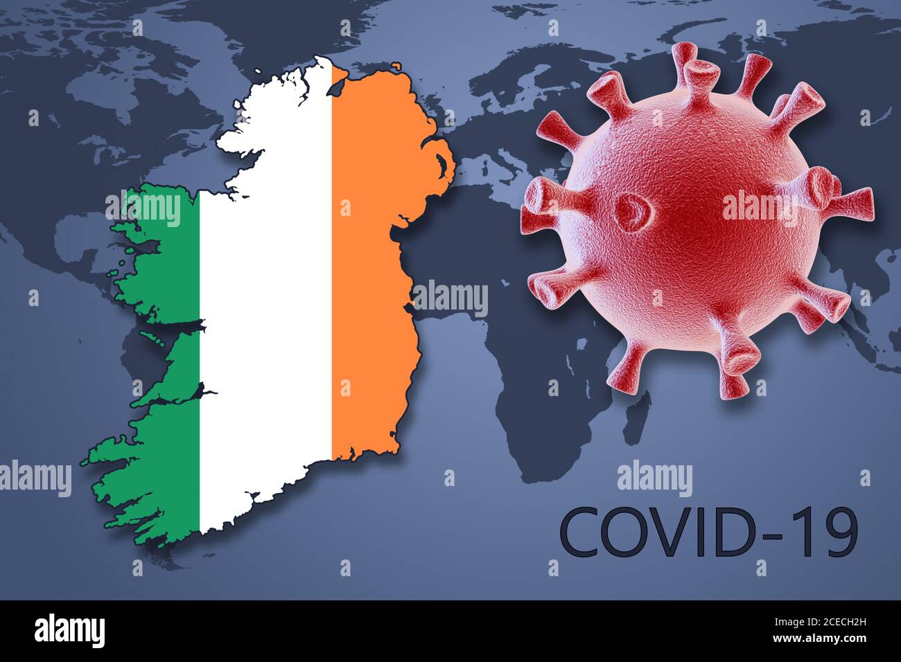 Coronavirus cell and map of Ireland on background of the World map. 3D ...