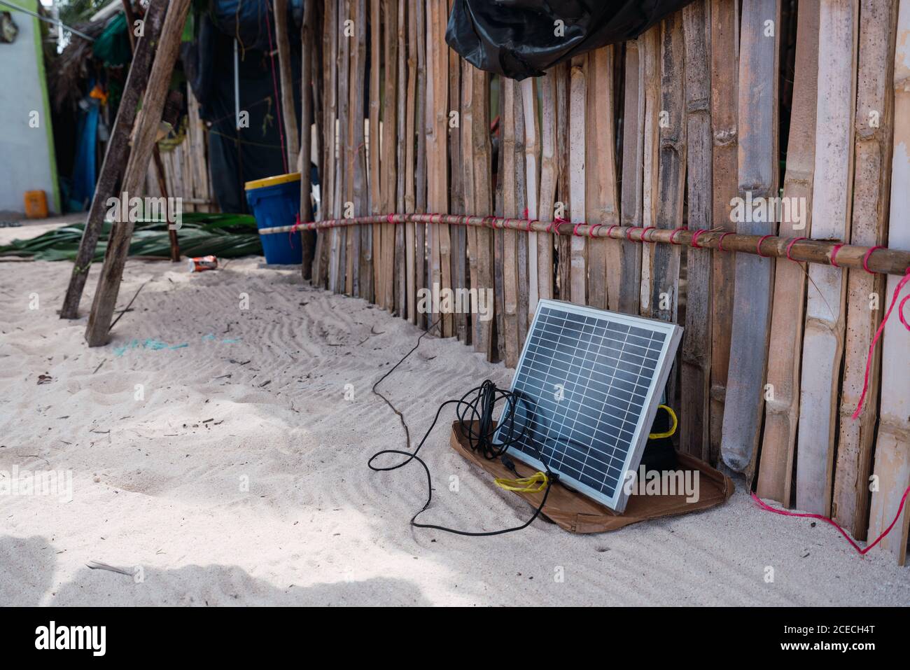 Solar generator with wires on sand near construction in San Blas ...
