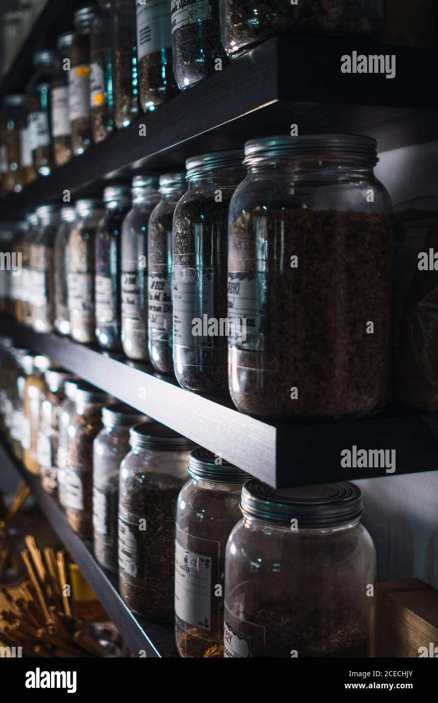 Shelf with spices assortment Stock Photo - Alamy