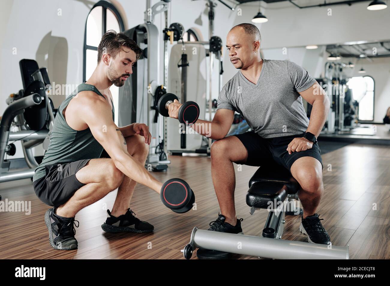 Fitness trainer showing client how to straighten arm when working on ...