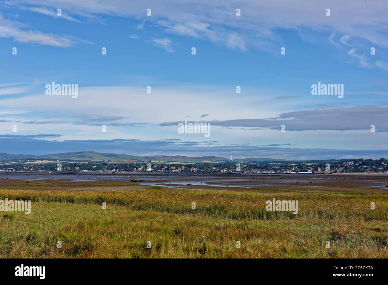 Low tide at the Tay estuary with the Reeds of Tay Heath exposed and the ...
