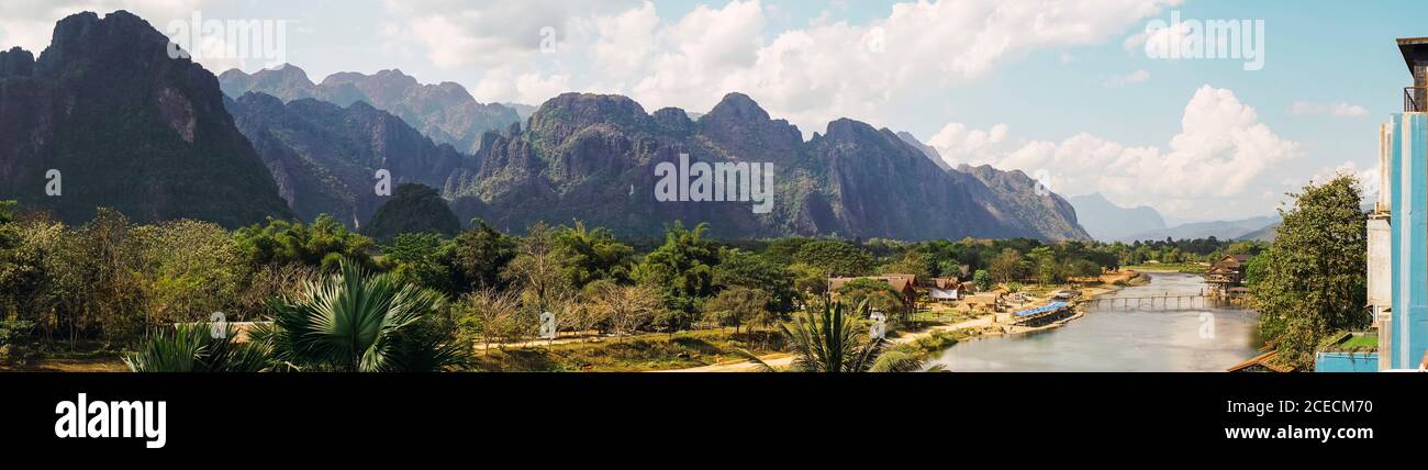 Panorama of river and mountains Stock Photo - Alamy