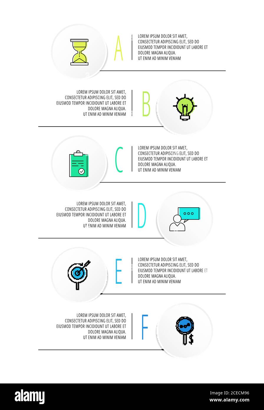 Infographics circles with 6 steps, icons. Flat line vector template. Can be used for six ...