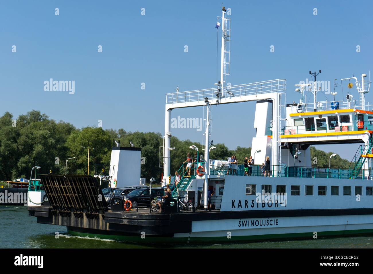 Swinousjscie, Poland - 15 August 2020:car ferry on the strait between ...