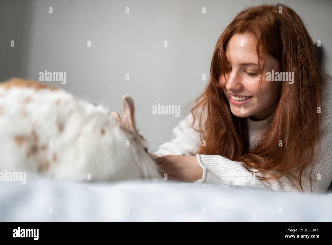 Beautiful young female cheerfully smiling and touching cute furry ...