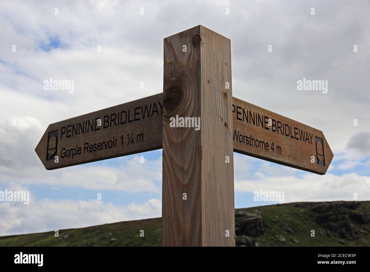 Wooden signpost on Pennine Bridleway, Widdop Reservoir, Hebden Bridge ...