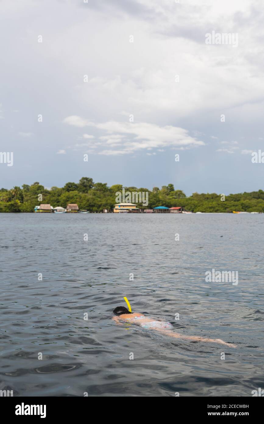 Back view Woman with snorkel diving in sea near coast with buildings ...