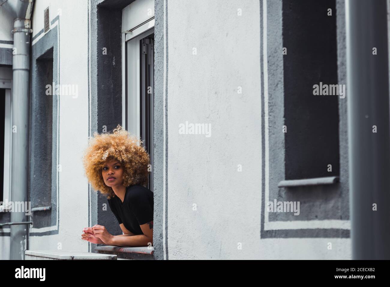 Leaning out of window exterior hi-res stock photography and images - Alamy