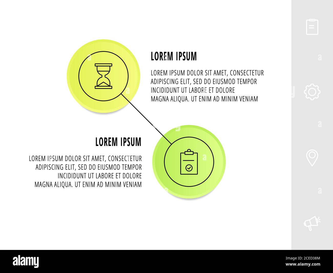 Infographics circles with 2 steps, icons. Flat line vector template. Can be used for two ...