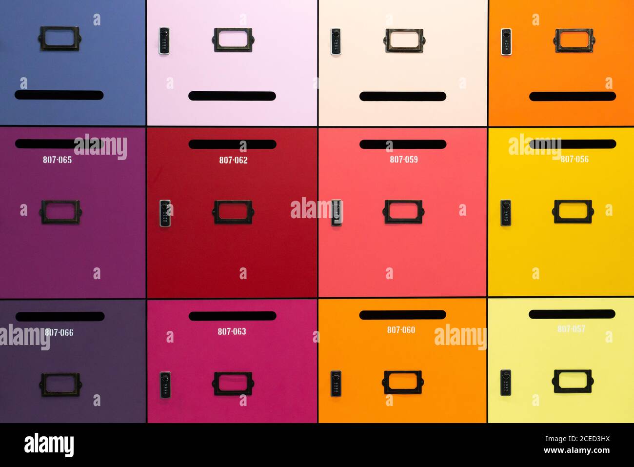 Set of colorful deposit boxes with code locks located in Singapore ...