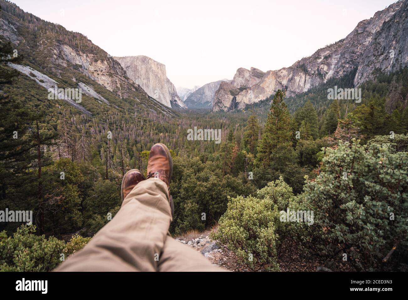 Crop legs of human and picturesque view of landscape with green forest ...