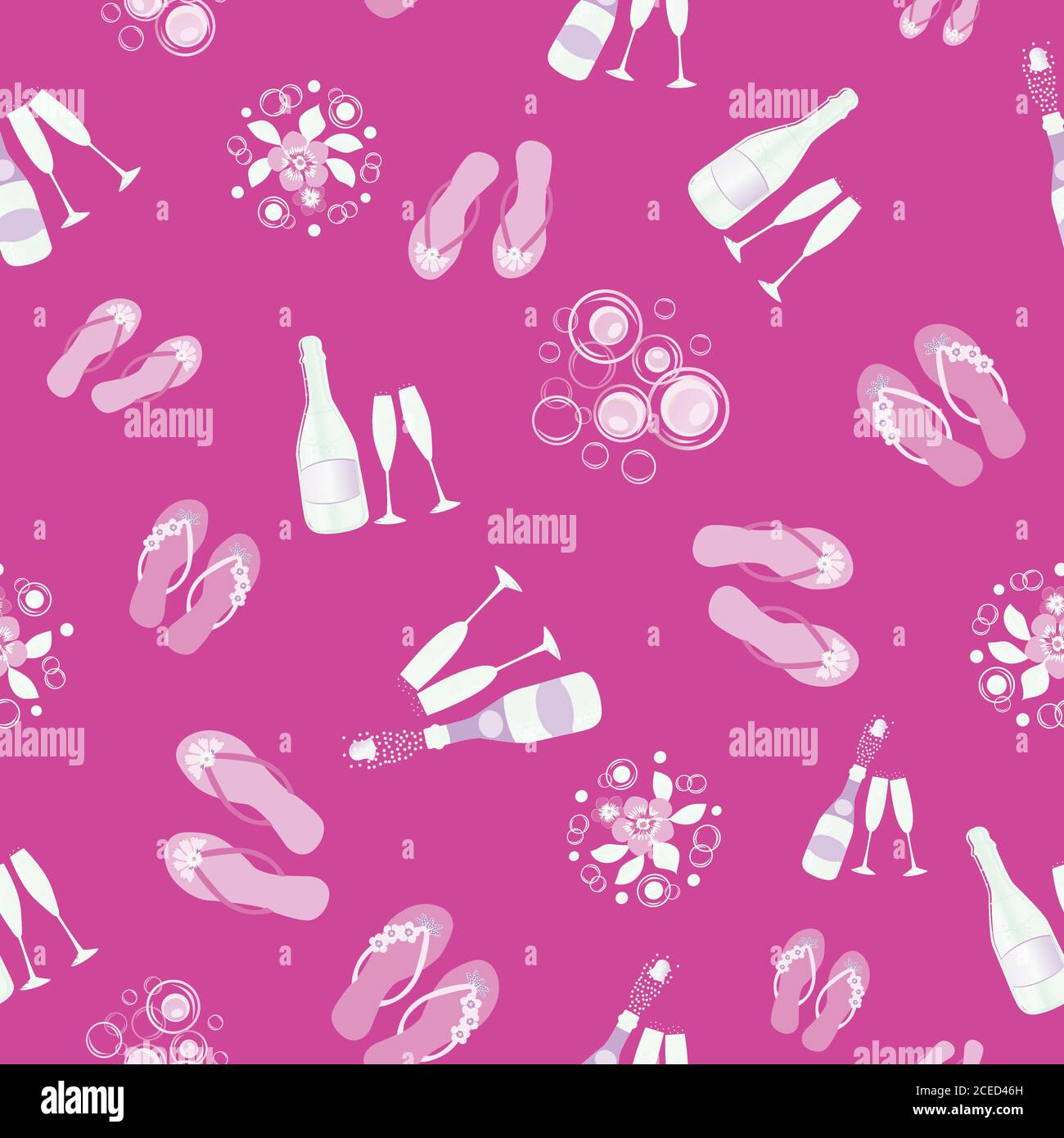 Flip flop shoe and Champagne bubbles vector seamless pattern background. Bottles, glasses, fizzy ...