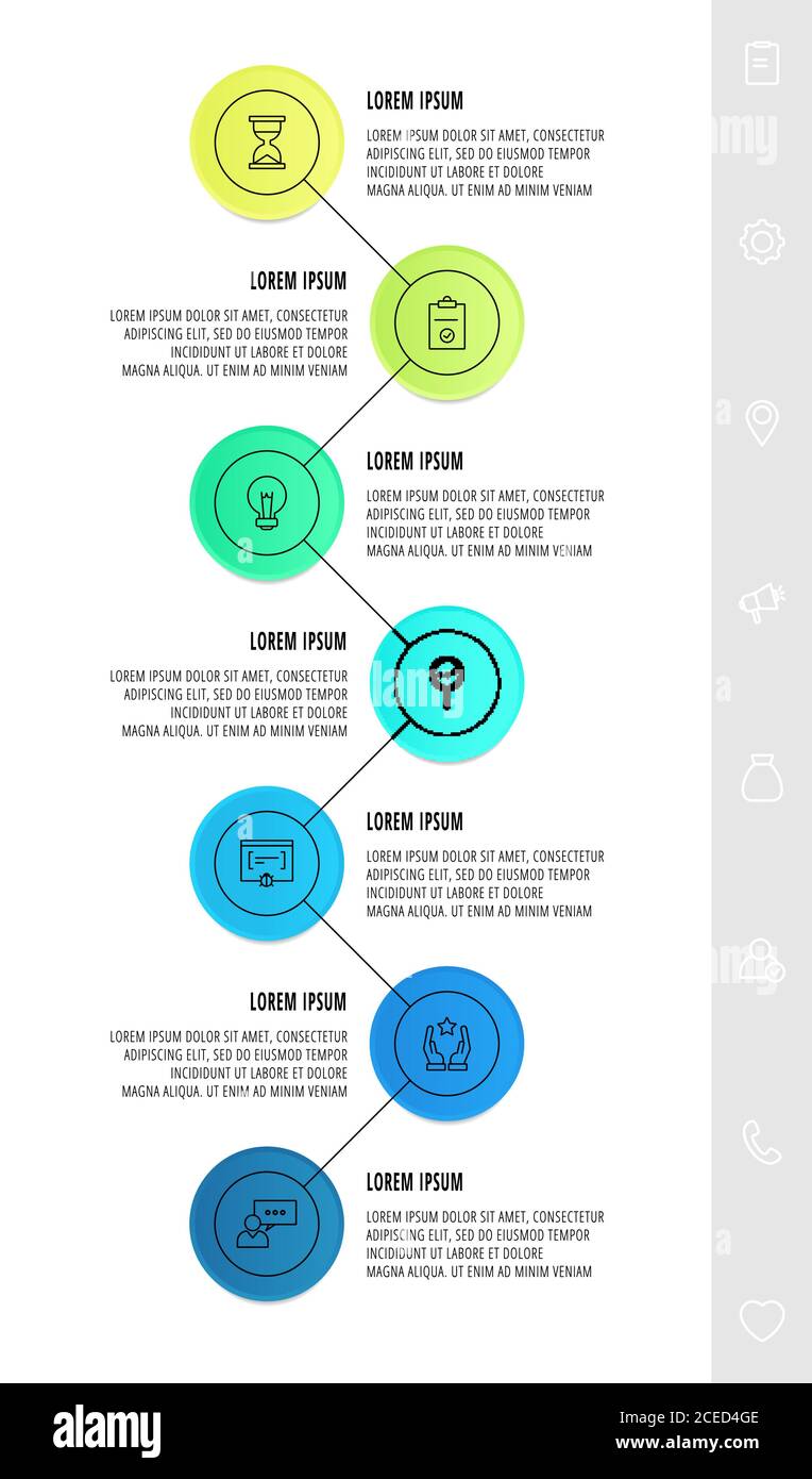 Infographics circles with 7 steps, icons. Flat line vector template. Can be used for seven ...